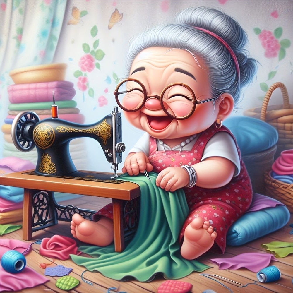 DIY 5D Diamond Painting Kit "Sewing Grandma" - Round Acrylic Diamond ...