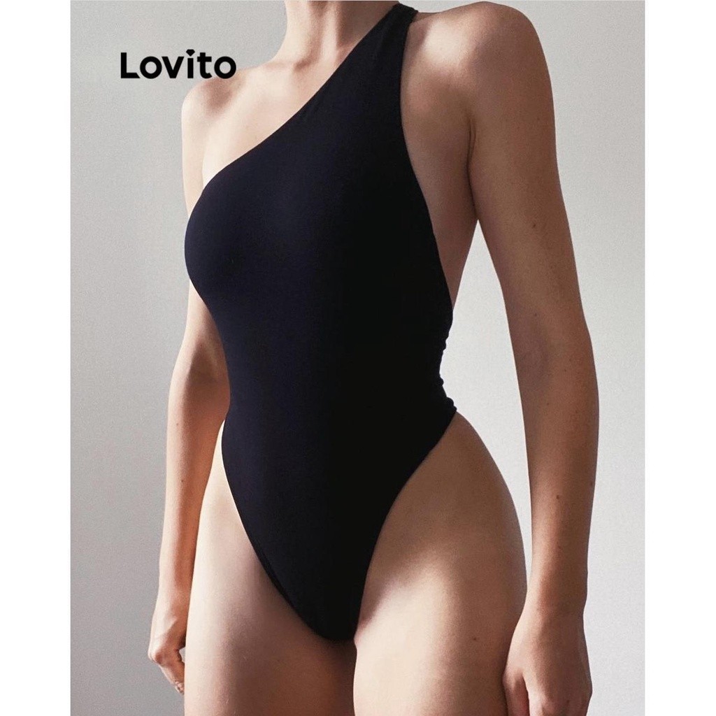 Lovito Women Sexy Plain Asymmetrical Backless Bodysuit Lnl42002