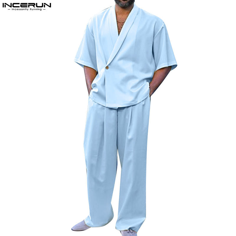 INCERUN Men Vintage Casual Solid Color Short Sleeve Suit and Pants ...