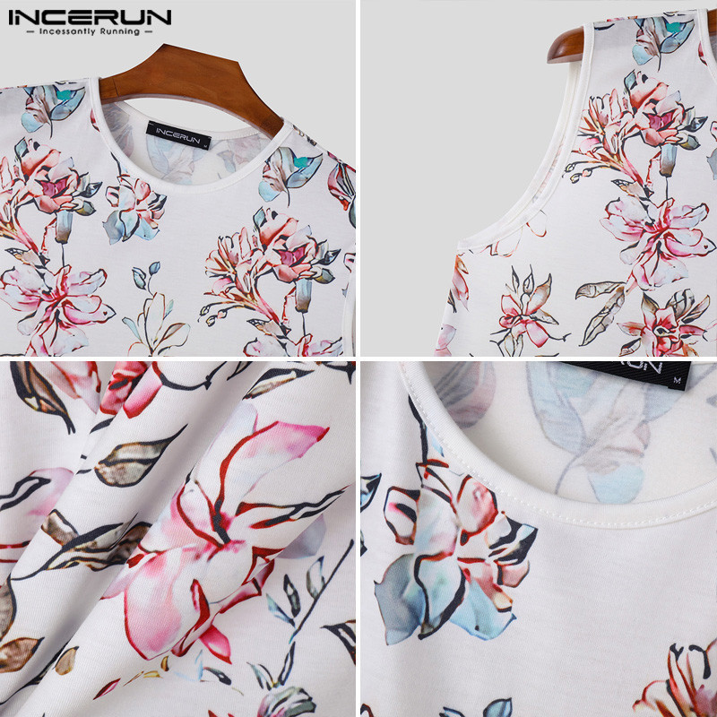 INCERUN Men Korean Casual Round Neck Floral Print Sleeveless Design ...