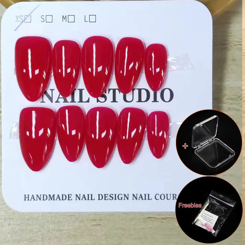 100% Handmade Short Almond shape Minimalism Bright red Fake Nail set ...