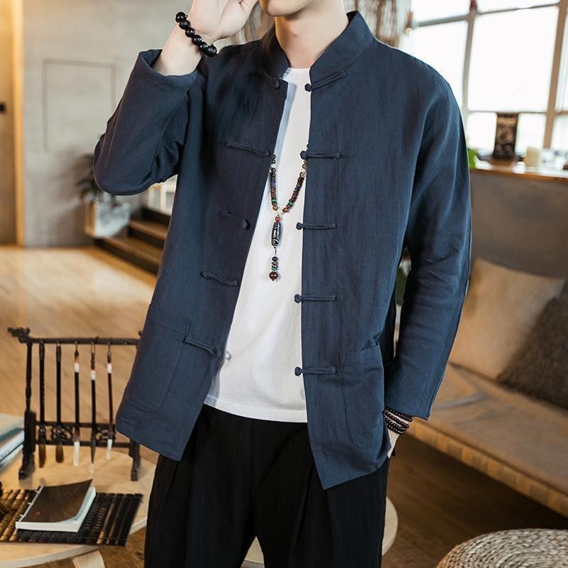 Chinese Style Buckle Linen Shirt Men's Long Sleeve Chinese Style Cotton ...