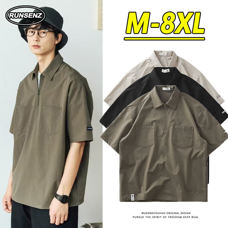 M-8XL Korean Simple Cargo Polo Shirt Men Plus Size T Shirt Casual Loose Black Short Sleeve ...