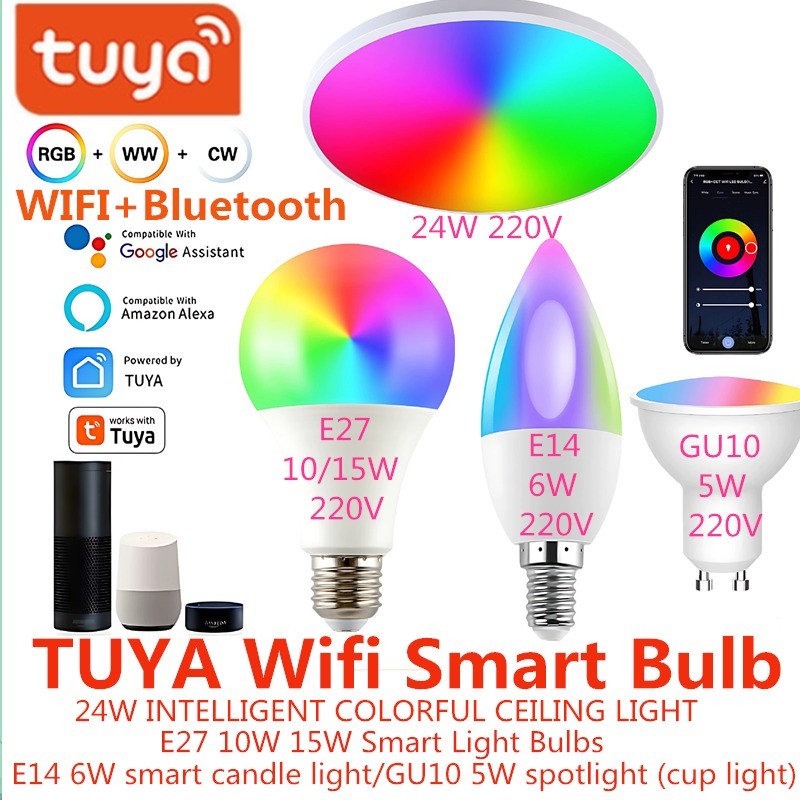 Tuya WiFi Smart LED Ceiling Light E27 Bulb E14 Candle Light GU10 ...