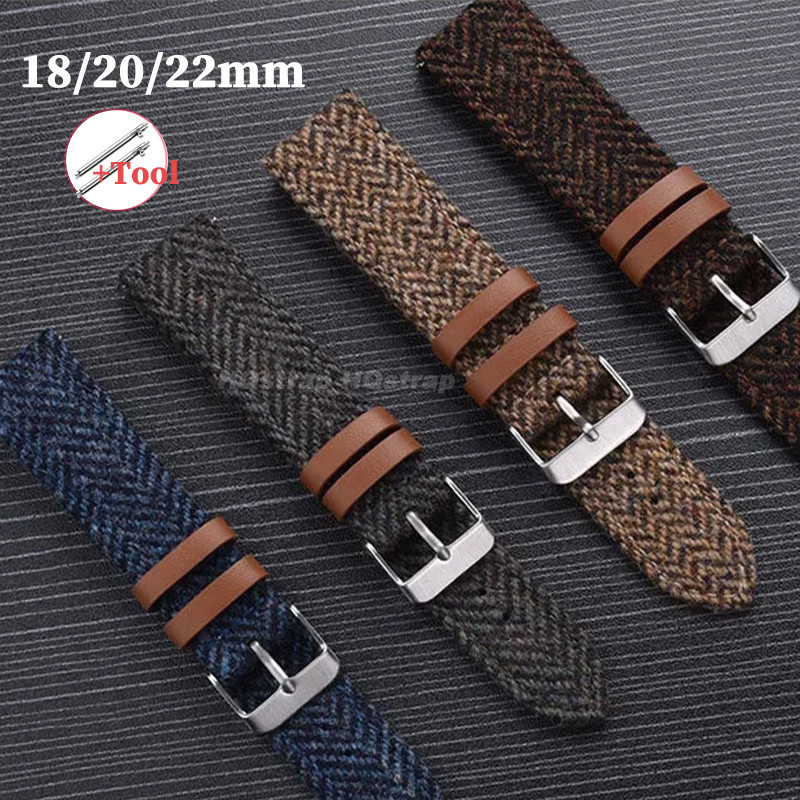 Genuine Leather Nylon Watch Band 18mm 20mm 22mm Quick Release Strap Vintage Weave Bracelet Wrist ...