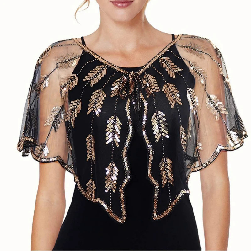 Retro 1920s Beaded Sequin Shawl Vintage Flapper Evening Cape Sheer Mesh Embroidery Leaf Women ...