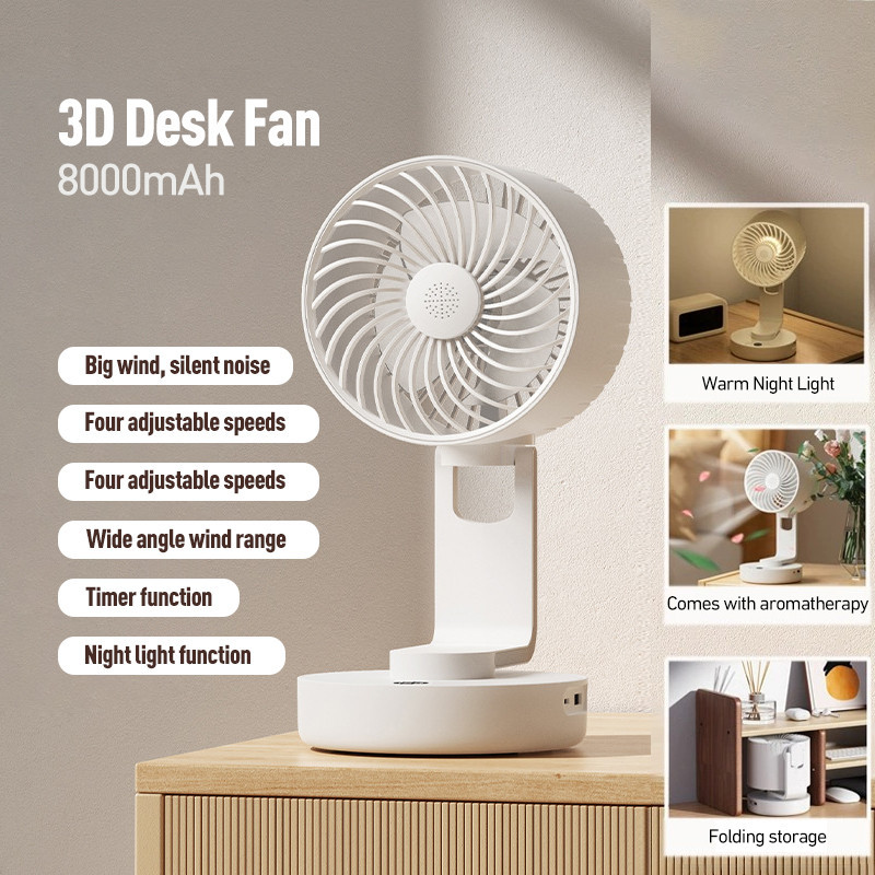 Fan 4 Speed Battery Operated Table Fan LED Lighting with Timer Electric ...