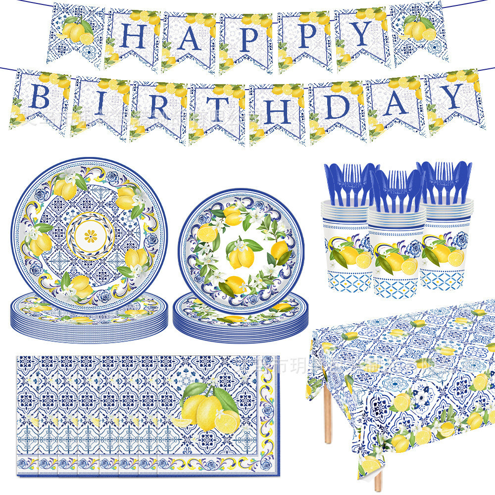Capri Lemon Summer Fruit Party Supplies Blue Ceramic Tiles Paper Plate ...