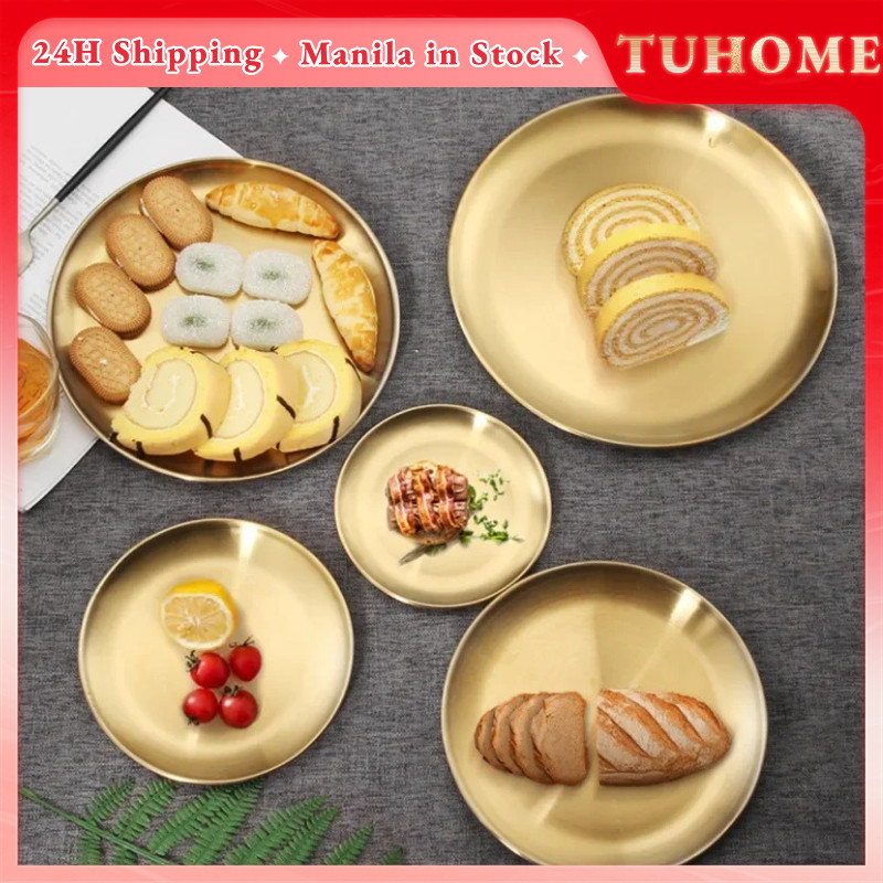 European Style Gold Stainless Steel Dinner Plates Round Serving Dishes ...