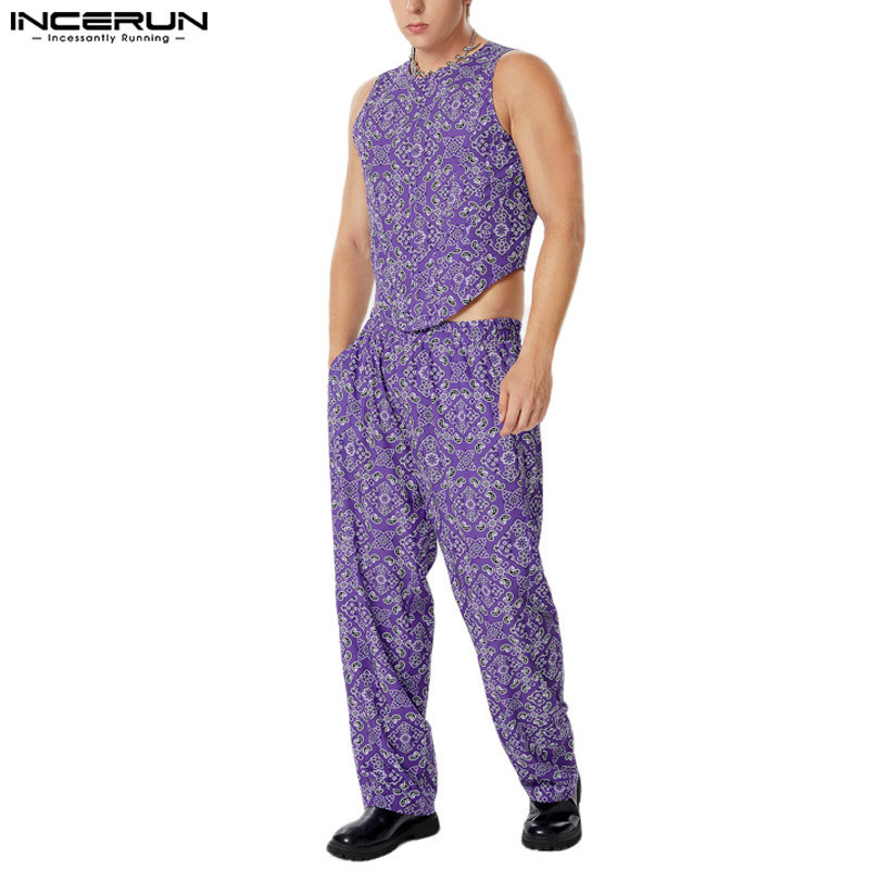 INCERUN Men Vintage Casual Sleeveless Fashion Printed Two-Piece Suits ...