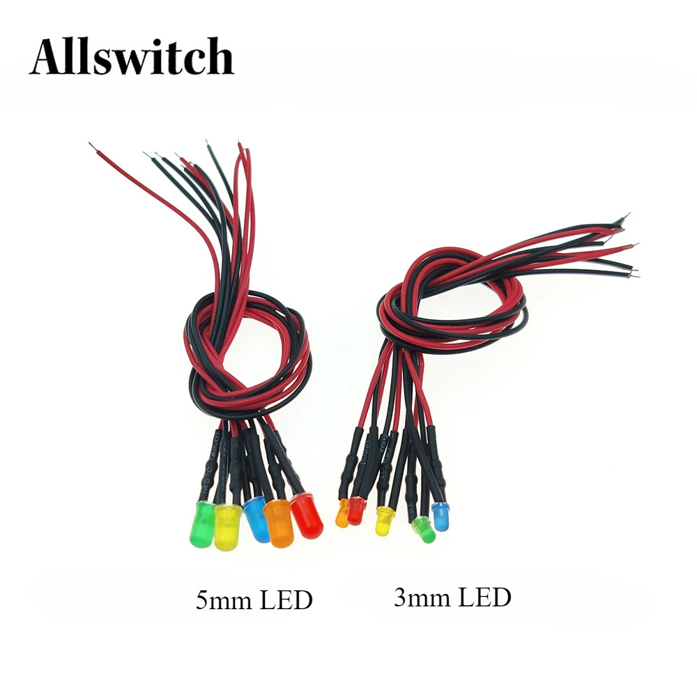 10Pcs 3mm LED with 20cm Wire 3V 6V 12V 24V 220V White Red Green Blue ...