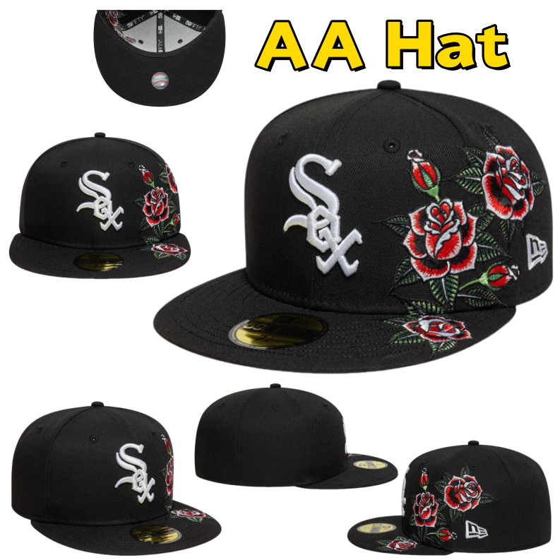 MLB Chicago White Sox Roses Embroidered Logo Black Fitted Hat Fully ...