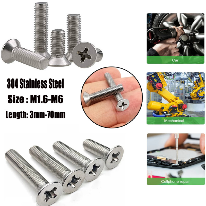 10/50pcs M1.6 M2 M2.5 M3 M4 M5 M6 304 stainless steel cross countersunk screw screws | Shopee ...