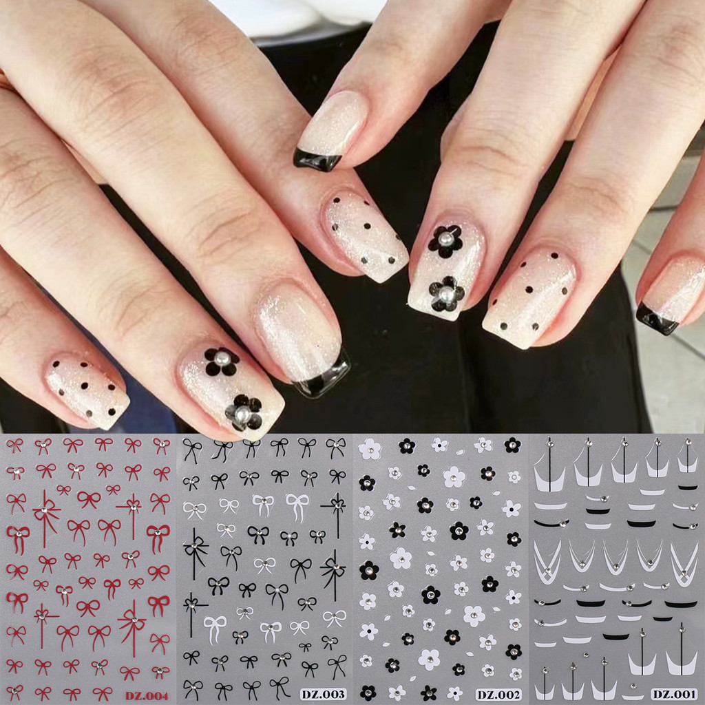HAMA NAIL Nail Art Sticker Wholesale French Black and White Flower Bow ...