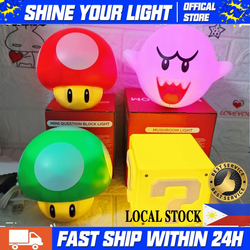 Super Mario Bros Mushroom Lamp 360 Rotatable Head Kawaii Night Light ...