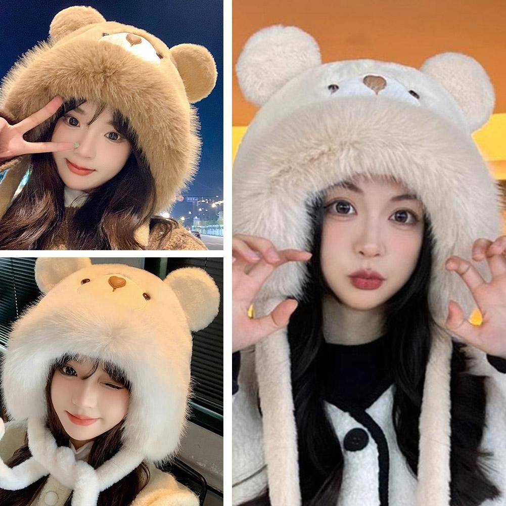 Winter Hat Soft Plush Ear Flaps Bear Head Cute Bear Ears Hat New Year ...