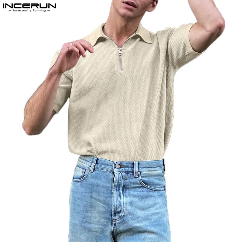 INCERUN Men's Pure Color Casual Style Collar Top POLO Shirts | Shopee ...