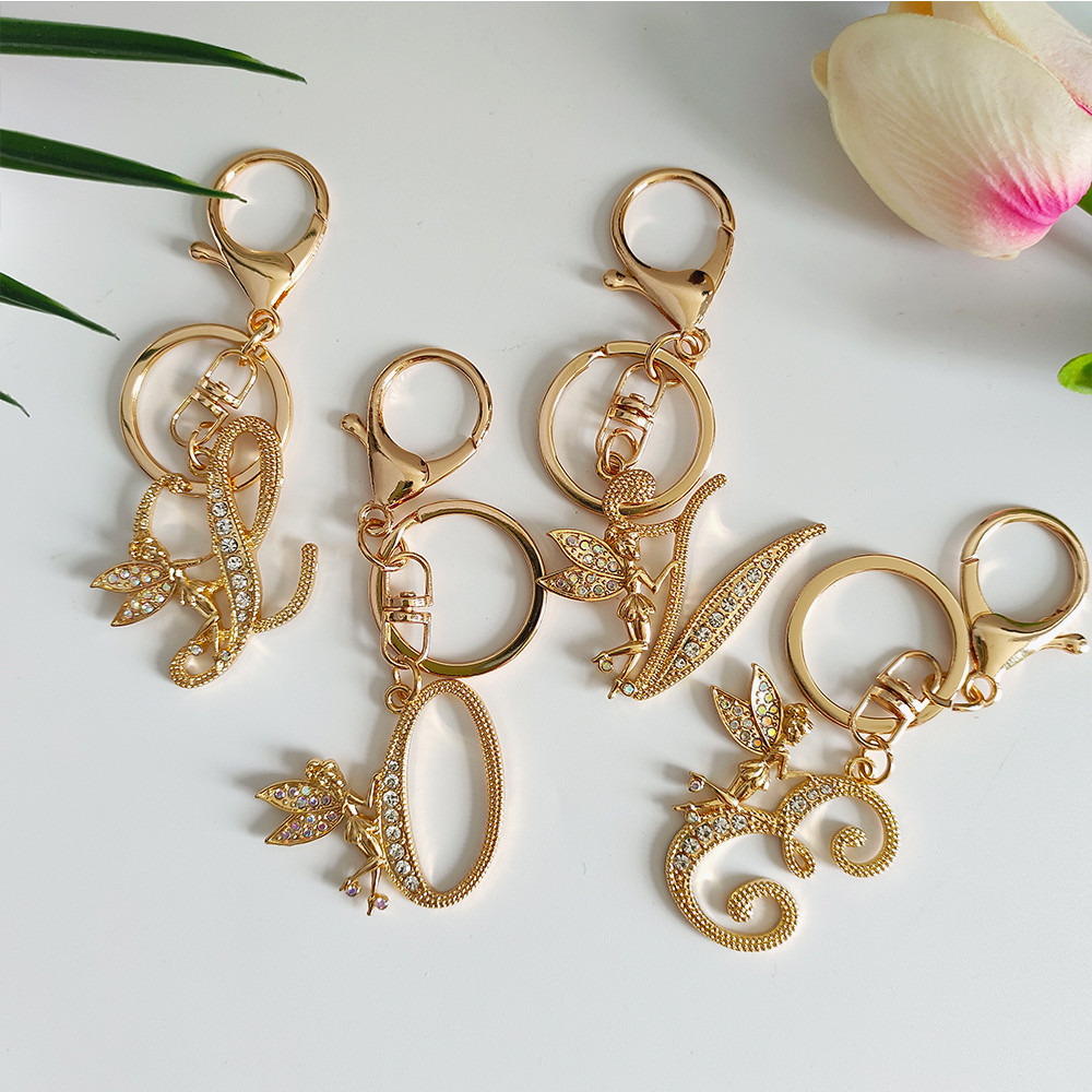 1Pcs Elegant Elf A-Z Letter Keychains Fashion Rhinestone Alphabet Metal ...
