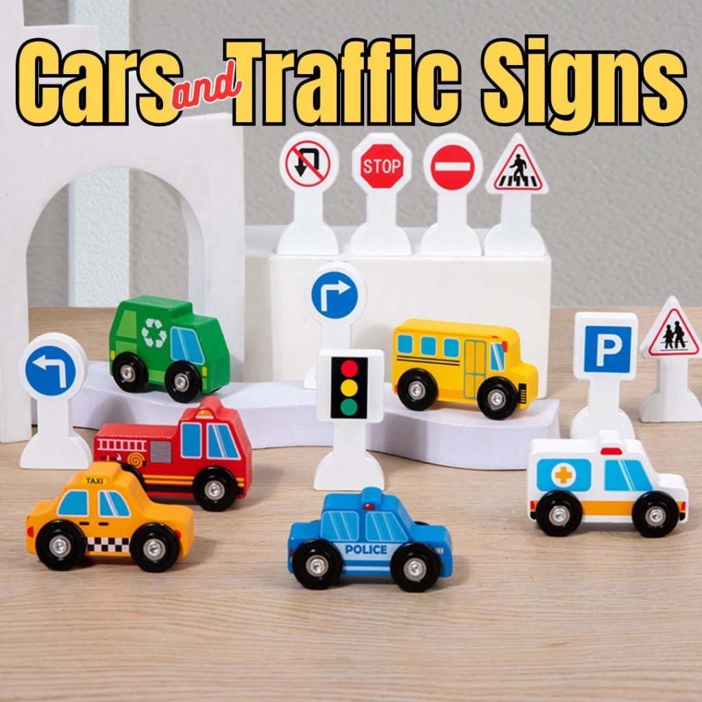 BYJ Wooden Cars & Traffic Signs Wooden Traffic Vehicles Play Set for ...