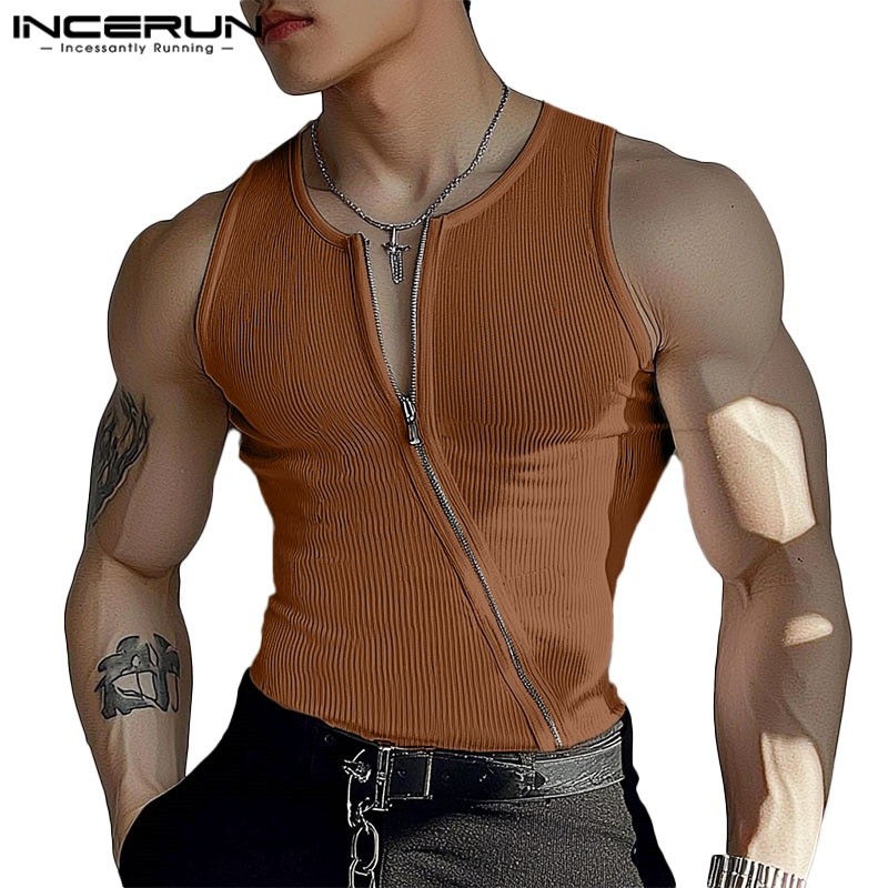 INCERUN Men's Deconstruction Fashion Street Zipper Design Tank Top ...