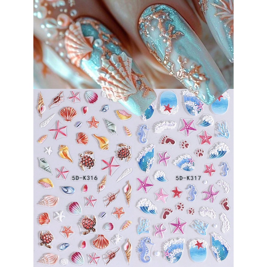 5D Ocean Nail Art Stickers Summer Beach Sea Shell Starfish Sea Wave ...