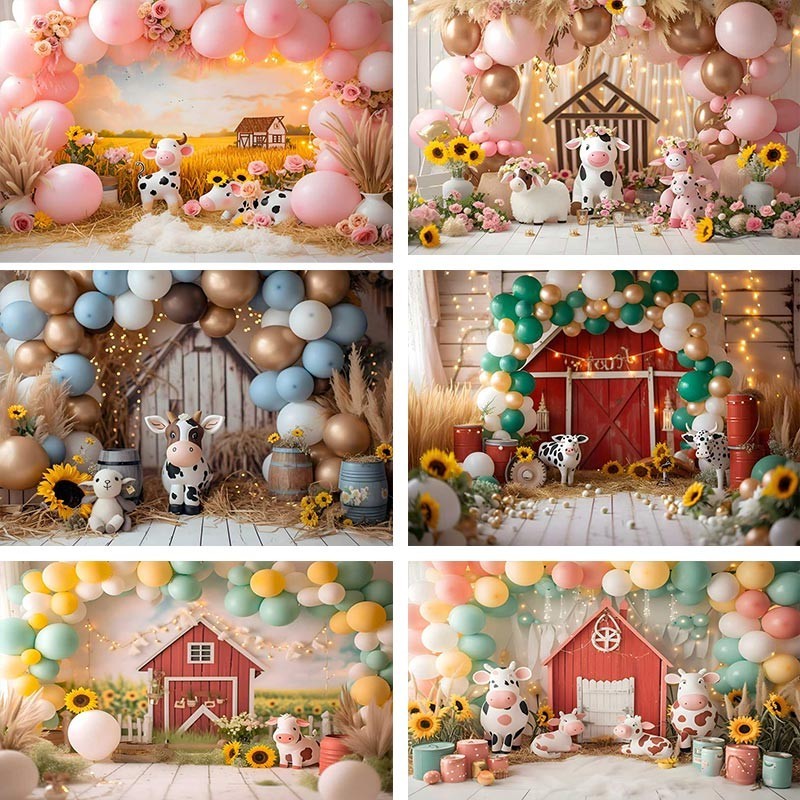 Farm Animals Barn Balloons Backdrop For Baby Shower New Born Cake Smash ...