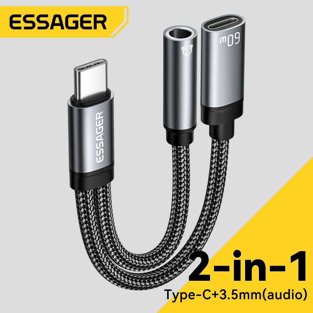 ESSAGER 60w Type-C to Type-C /3.5mm Audio Charging 2-in-1 Adapter Cable ...