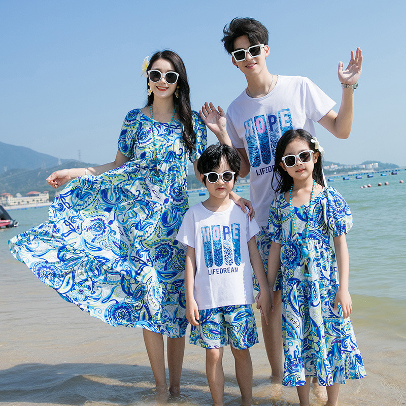 Summer Beach Set Blue Boho Pattern Family Matching Outfit Set Family ...