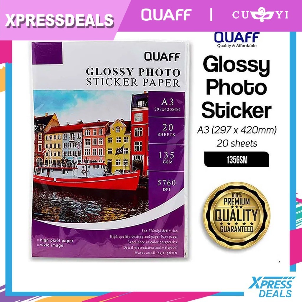 [1 PACK] A3 Size QUAFF 135 GSM Glossy Photo Sticker Paper (20 Sheets ...