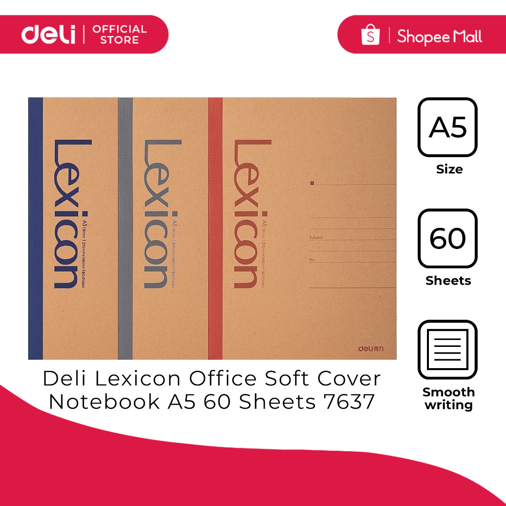 Deli 7637 Office Soft Cover Notebook A5 60 Sheets Asstd | Shopee ...