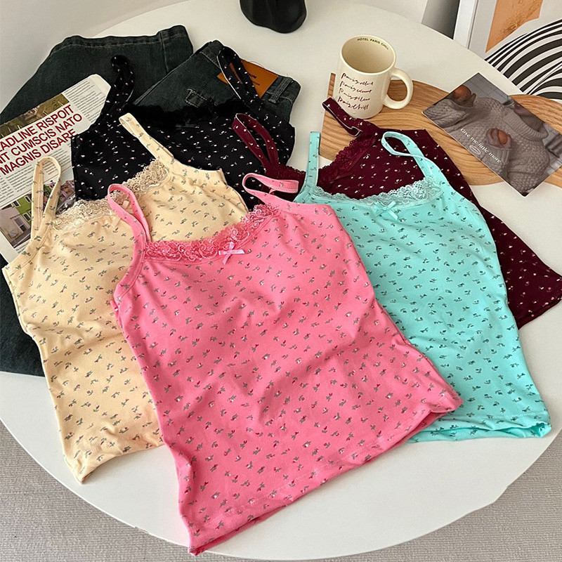 Floral Lace Sweet Girl Knitted Cotton Lace Sleeveless Top Summer Slim ...