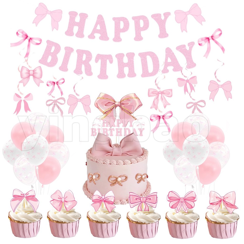 Girl Pink Bow Theme Birthday Party Decorations Bow Happy Birthday ...
