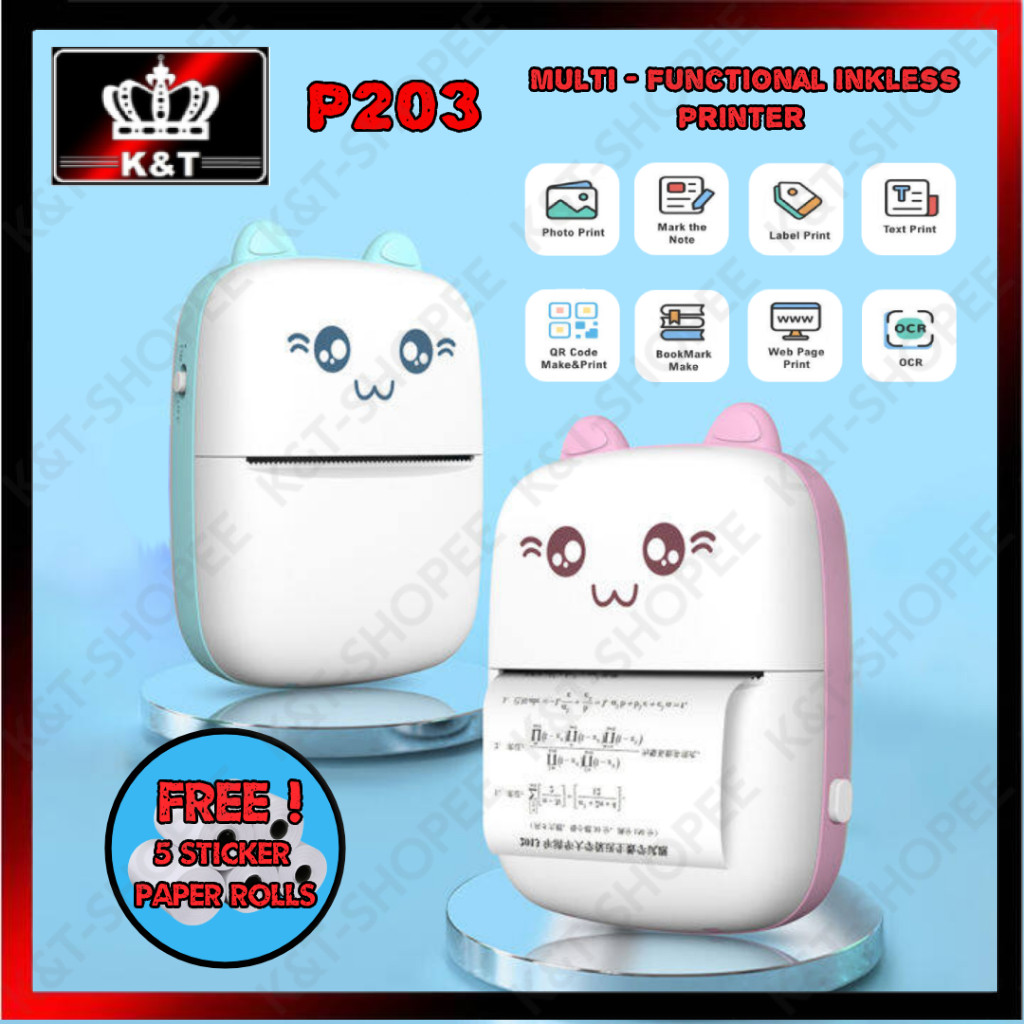 P203 Multi-Functional Mini Bluetooth Thermal Inkless Printer Photo ...