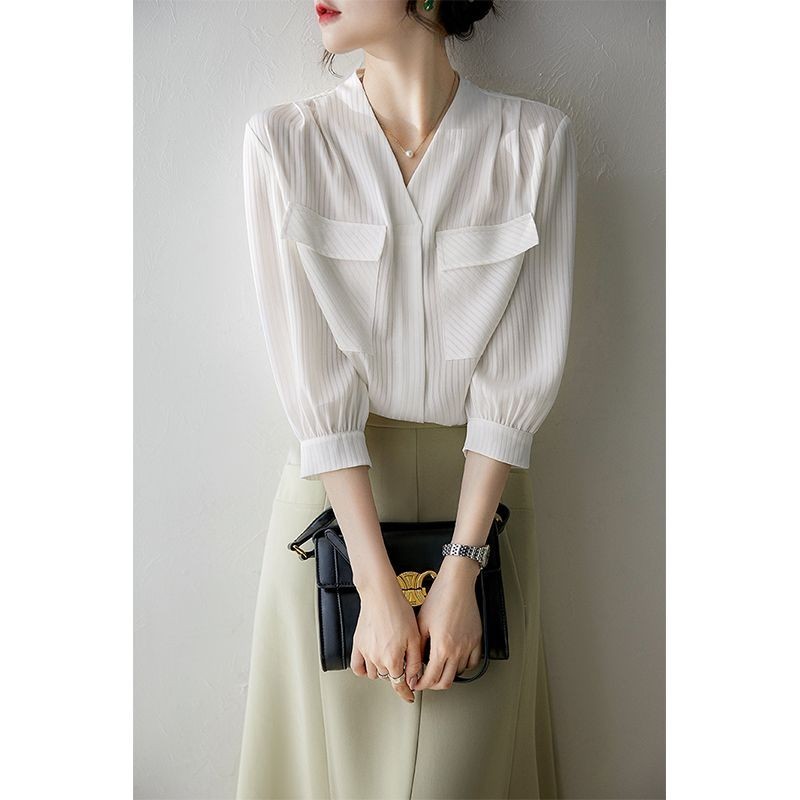 V-neck Striped Lantern Sleeves 7-Point Sleeves White Shirt Women Design ...
