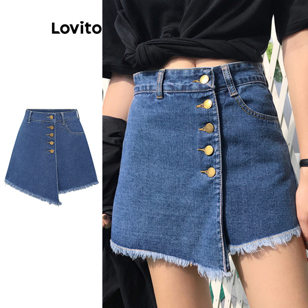 Lovito Women Boho Plain Button Fake Pocket Denim Shorts L83ED094 ...