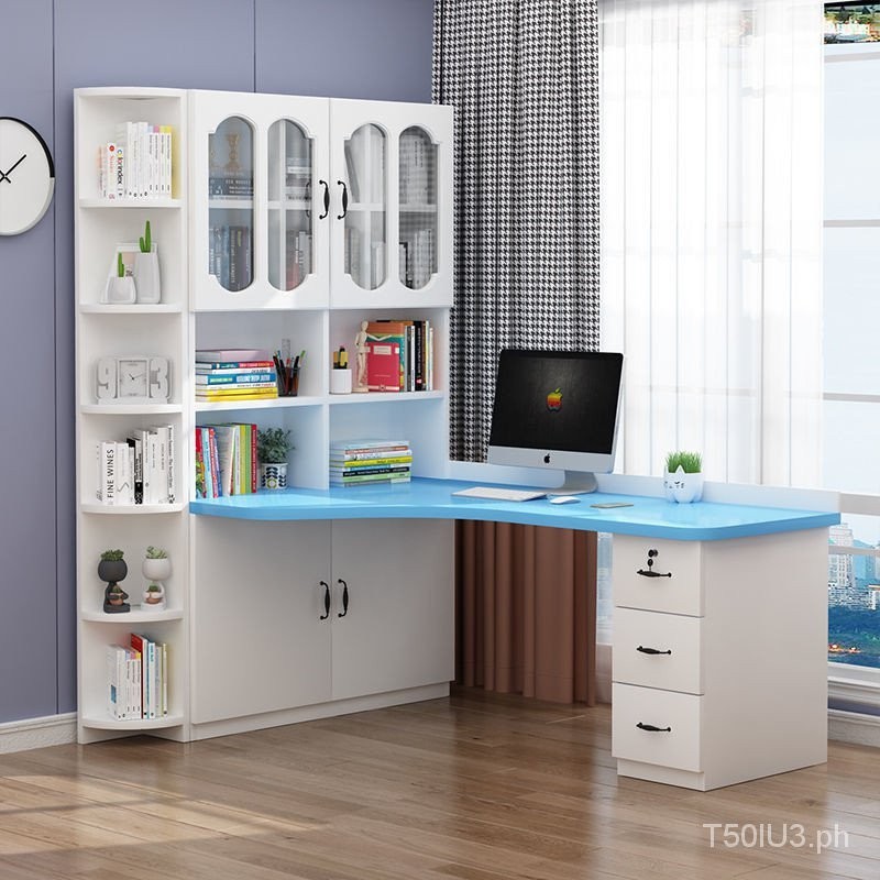 Solid Wood Corner Desk Bookshelf Combination Desktop Computer Desk ...