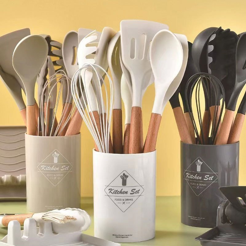 12pcs Kitchen Utensils Silicone Cooking Utensils with Non-Slip Wooden ...