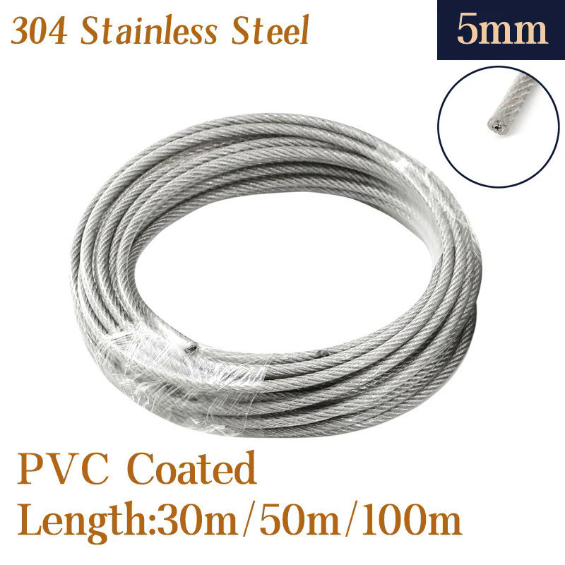 304 Stainless Steel PVC Coated Flexible Wire Rope soft Cable 30m/50m/100m Transparent Stainless ...