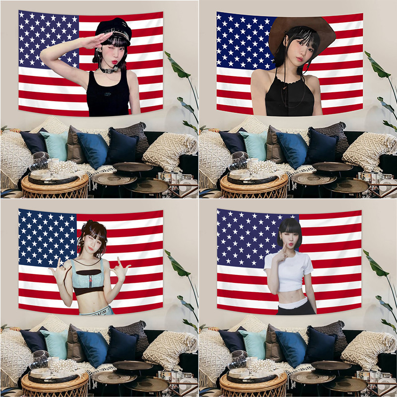 LE SSERAFIM Kim Chaewon American Flag Wall Polyester Tapestry with Clips Wall Hanging Tapestry ...