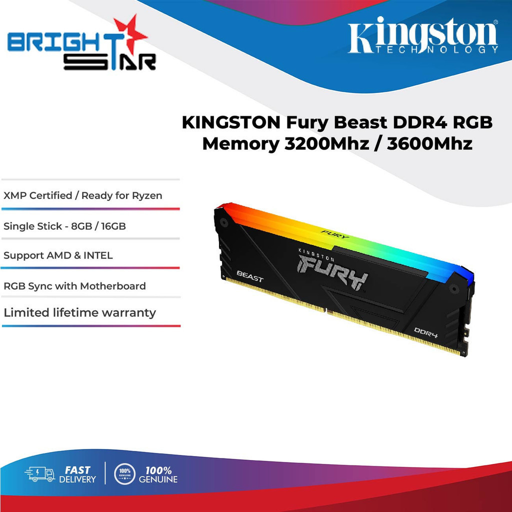 KINGSTON Fury Beast RGB DDR4 Memory Single Stick - 8GB/16GB 3200Mhz ...
