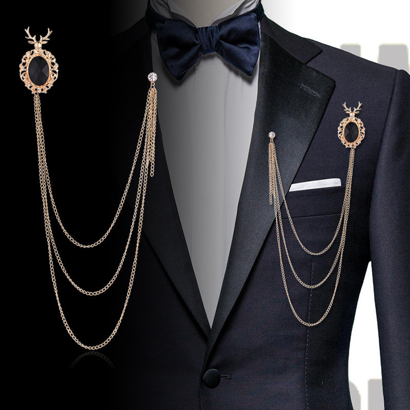 Mens Rhinestones Brooch Suit Lapel Pin with Long Chain Corsage Plating ...