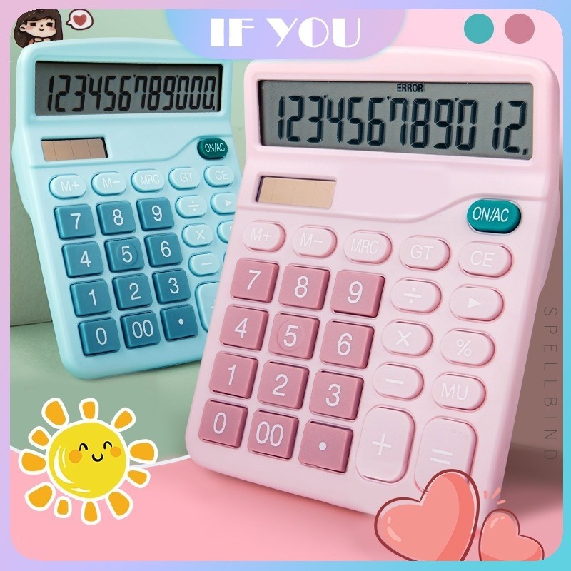 Cute Calculator with 12-Digit Large LCD Display Solar Battery Dual ...