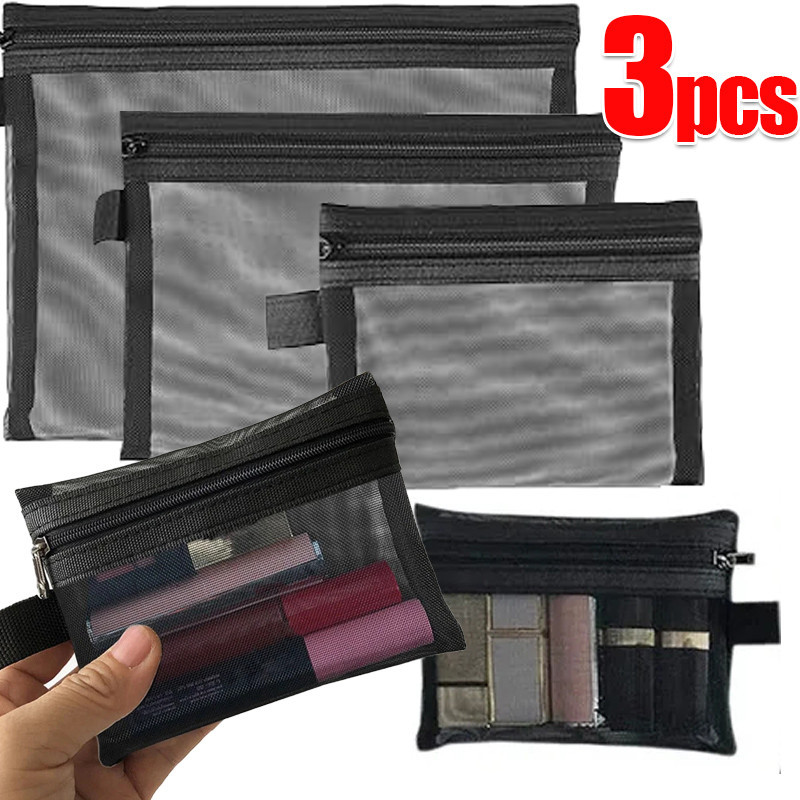 1/3Pcs Women Mesh Cosmetic Bags/3Sizes Black Transparent Makeup Bag ...