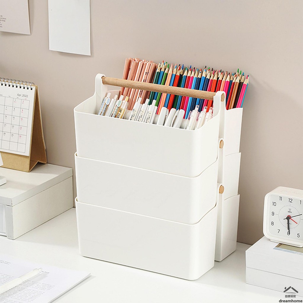 Portable Stackable Organizer Caddy with Adjustable Dividers and Wooden ...