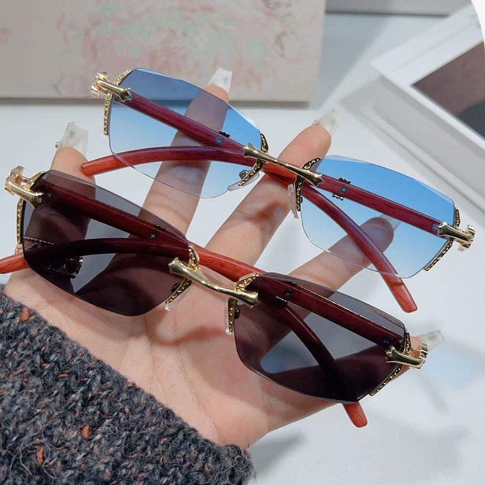 Fashion Rimless Sunglasses Frameless Rectangular Wooden Summer Frame ...