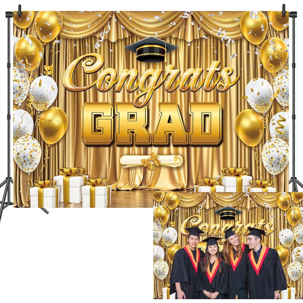 Congrats Grad Photography Backdrop Gold Graduation Party Backdrop for ...