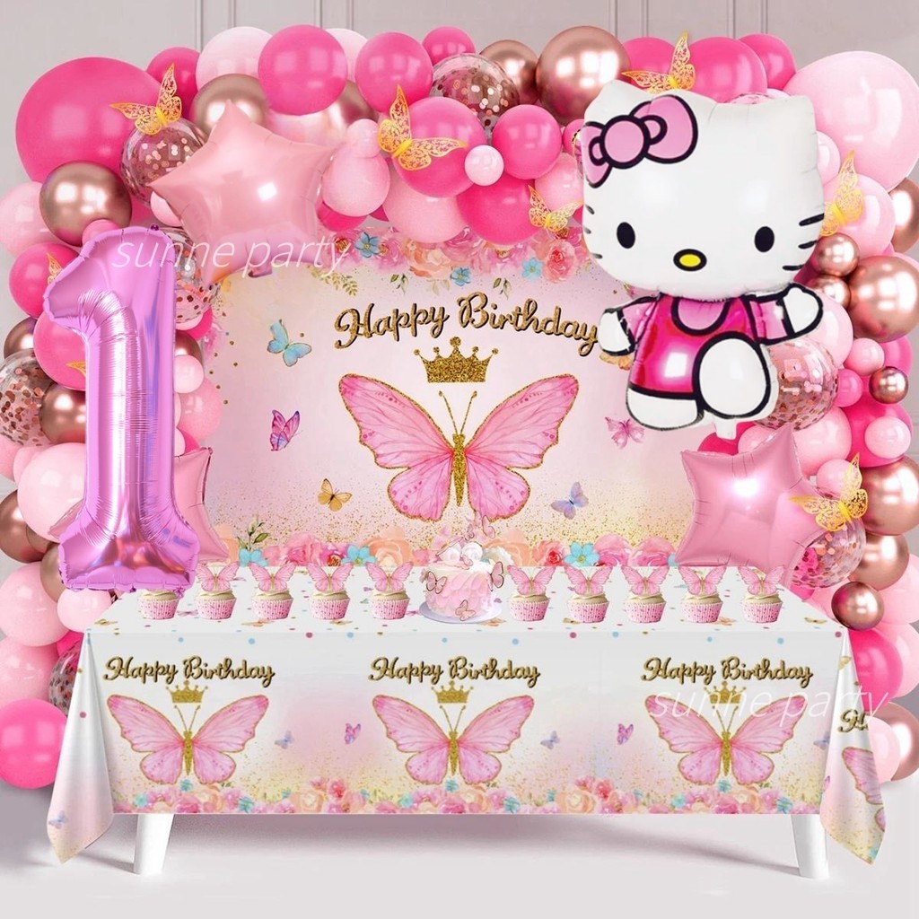 Hello Kitty Theme Balloon Garland Arch Pink Number Foil Kitty Cat for ...