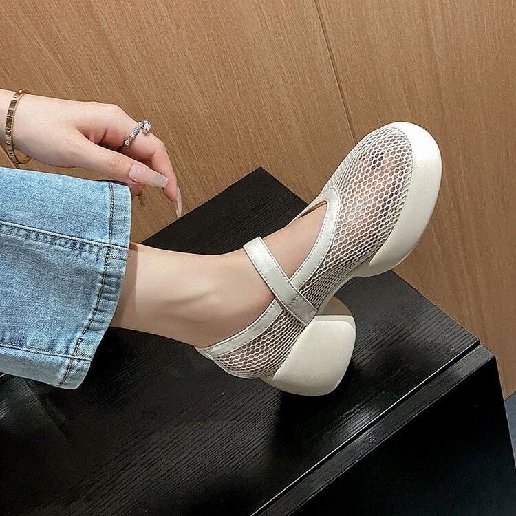 Women's Mesh High Heels Thickness Chunky Heel ShoesPURubber | Shopee ...