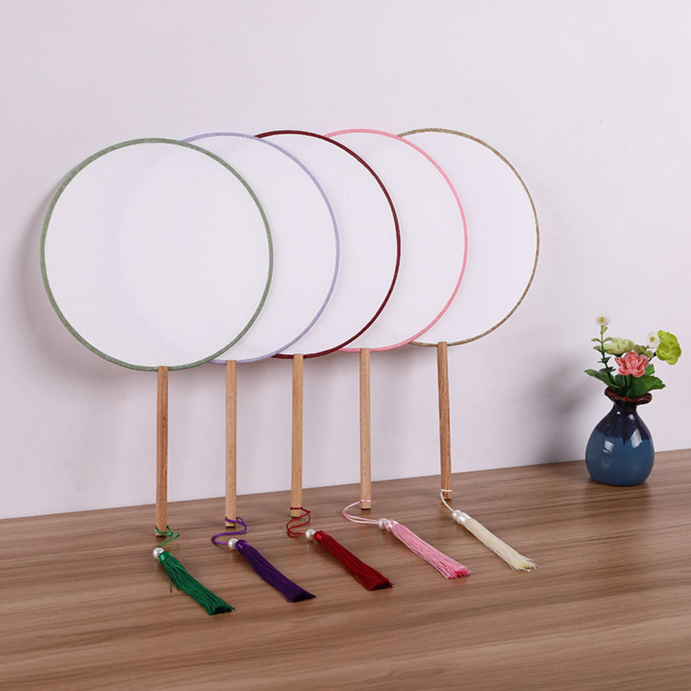 Silk Blank Round Group Fan DIY Handmade Hand Fan With Tassel For Women ...