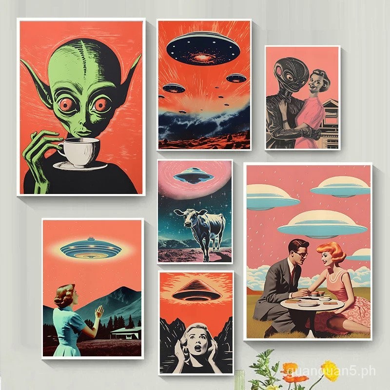 Vintage 50s Style Alien Invasion Art UFO Posters Smoking E.T. Prints ...
